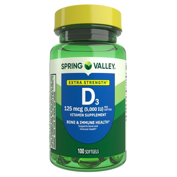 Spring Valley Extra Strength Vitamin D3 Softgels, 125 mcg (5000 IU ...