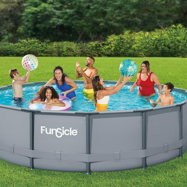 Funsicle 15ft Oasis Round Above Ground Frame Pool, Gray, SkimmerPlus Pump, Ladder & Cover, Age 6 ...