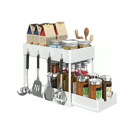 White Double Layer Pull-out Double Layer Storage Rack Kitchen Removable ...