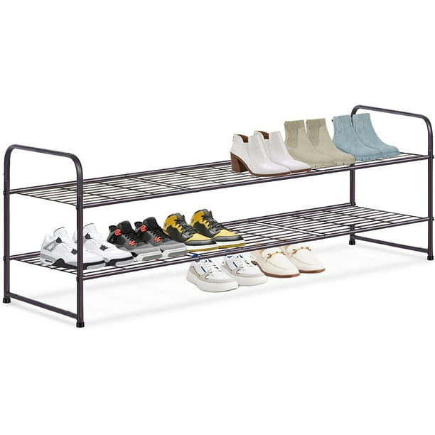MISSLO 2 Tier Metal Long Shoe Rack Wire Grid Stackable Shoe Shelf Wide ...