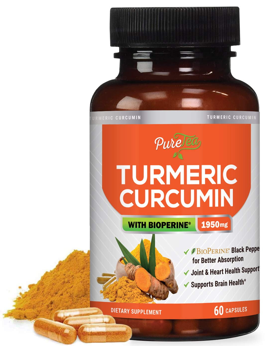 PureTea Turmeric Curcumin with BioPerine 95% Curcuminoids 1950mg with ...