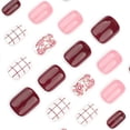 Burgundy Pink White Grid Floral Mixed Patterns Press on Nails, Short ...