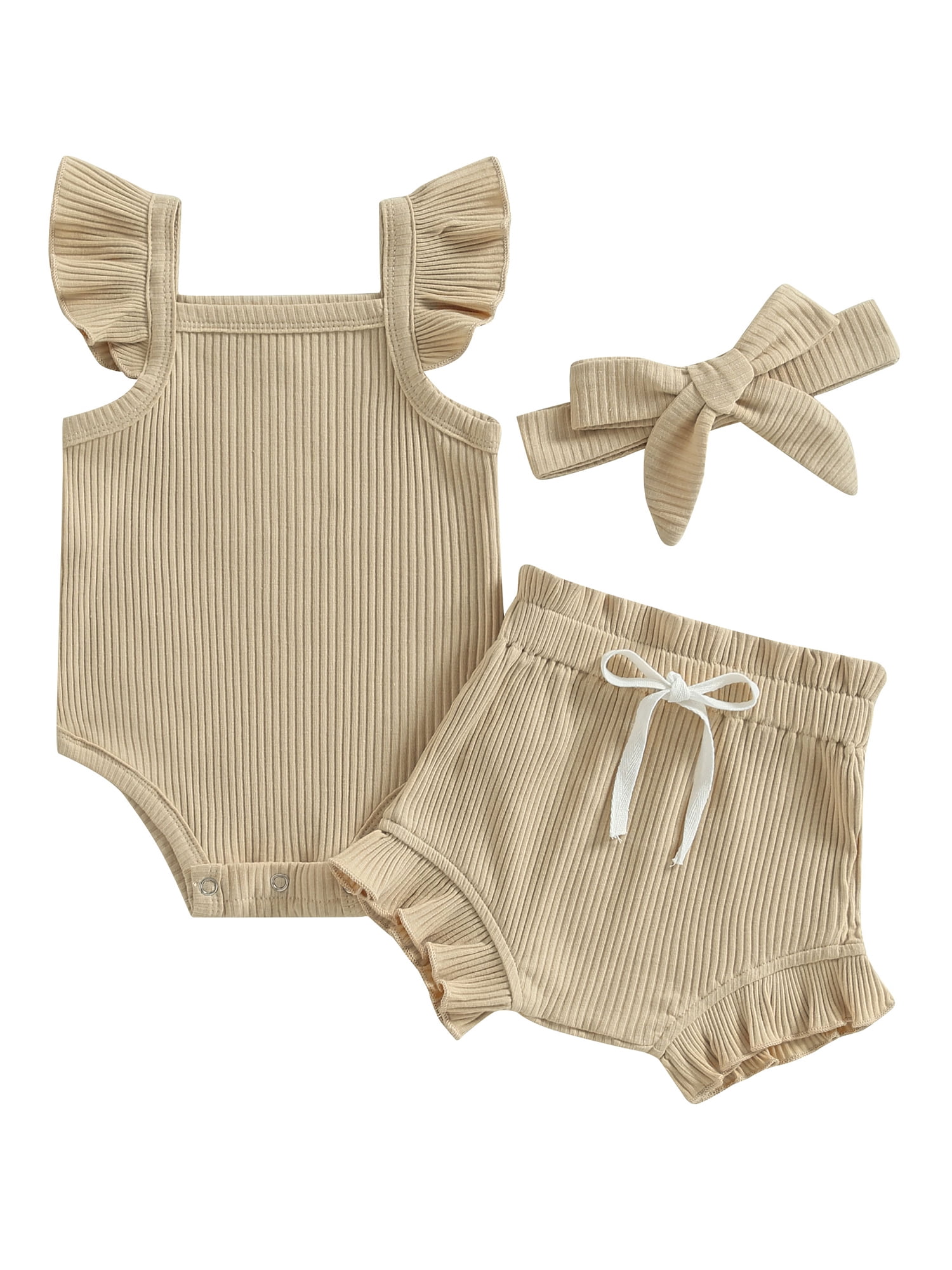 3pcs Infant Baby Girls Boys Summer Clothes Sets Solid Ribbed Ruffles Fly Sleeve Romper Tops ...