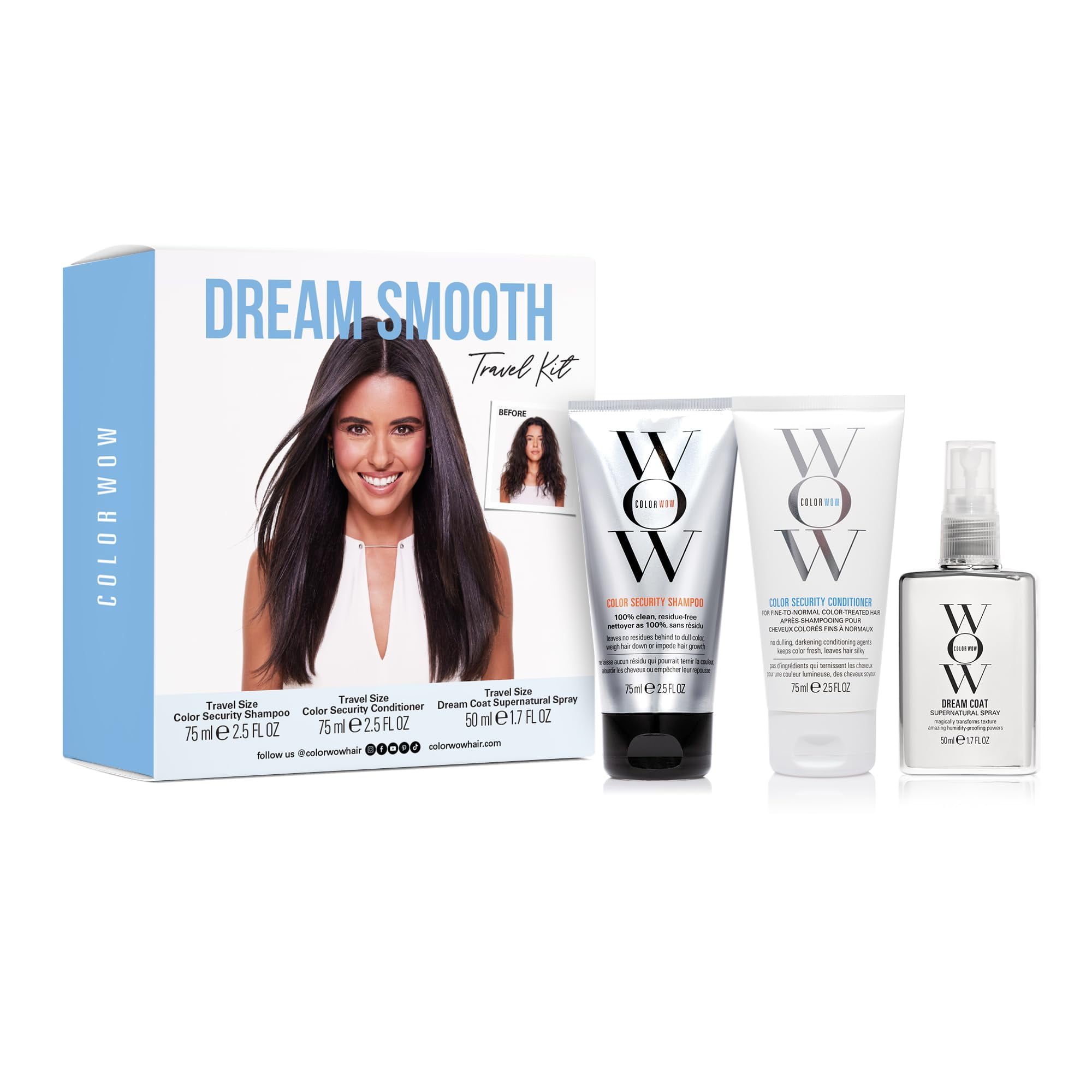 Kit de viaje COLOR WOW Dream Smooth para champú, acondicionador y capa ...