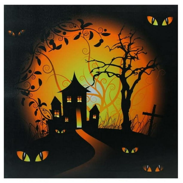 LED Lighted Spooky House and Eyes Halloween Canvas Wall Art 19.75" x 19 ...