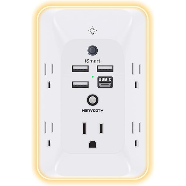 Tomacorriente múltiple con luz nocturna y cargador USB C - Regleta de 4 ...