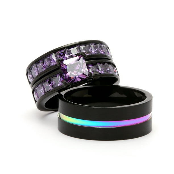 His and Hers Wedding Ring Sets Couples Rings Black Gold Plated Square ...