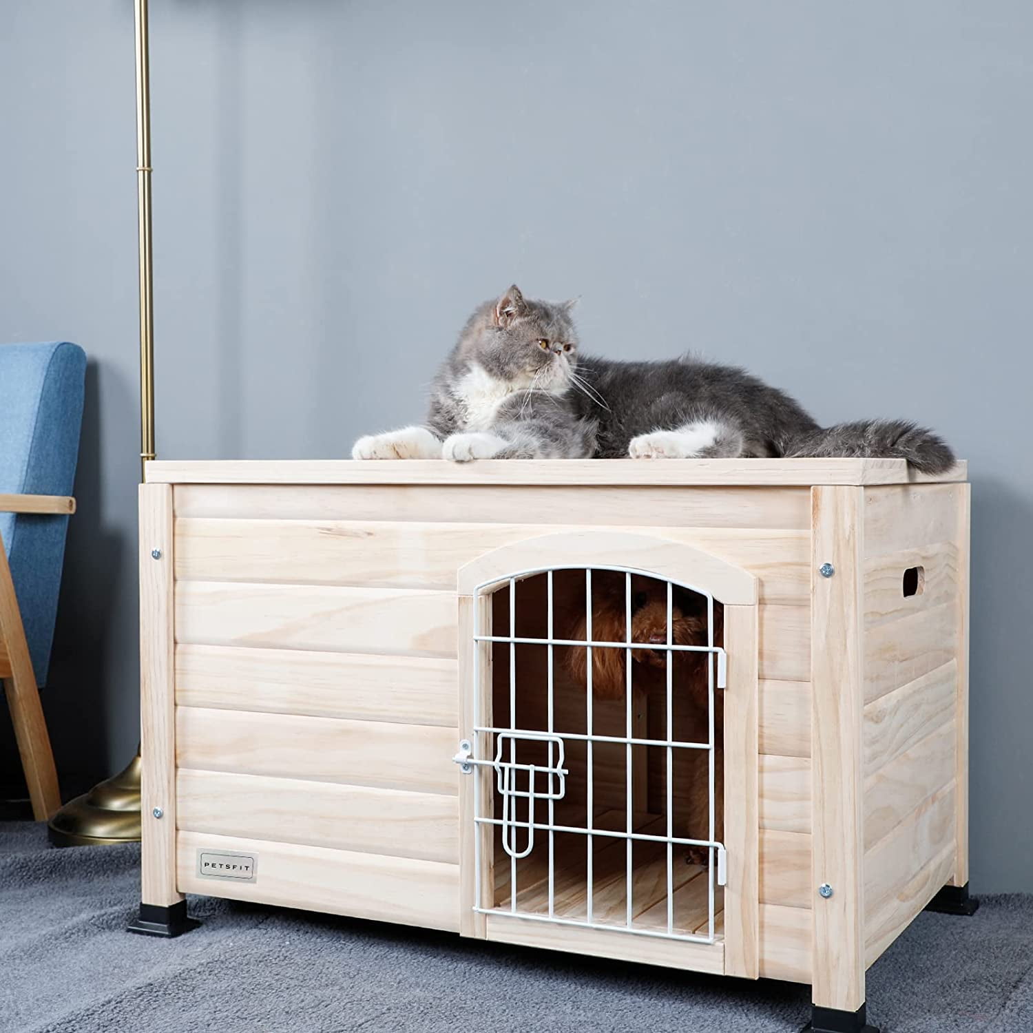 Petsfit Indoor Dog House Ventilate Wood Cat Houses with Elevated Floor ...