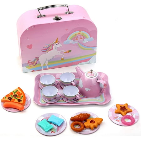 Kids Tin Tea Set Toy & Carry Case 24 Pcs Pretend Play Kids Tea Set with ...