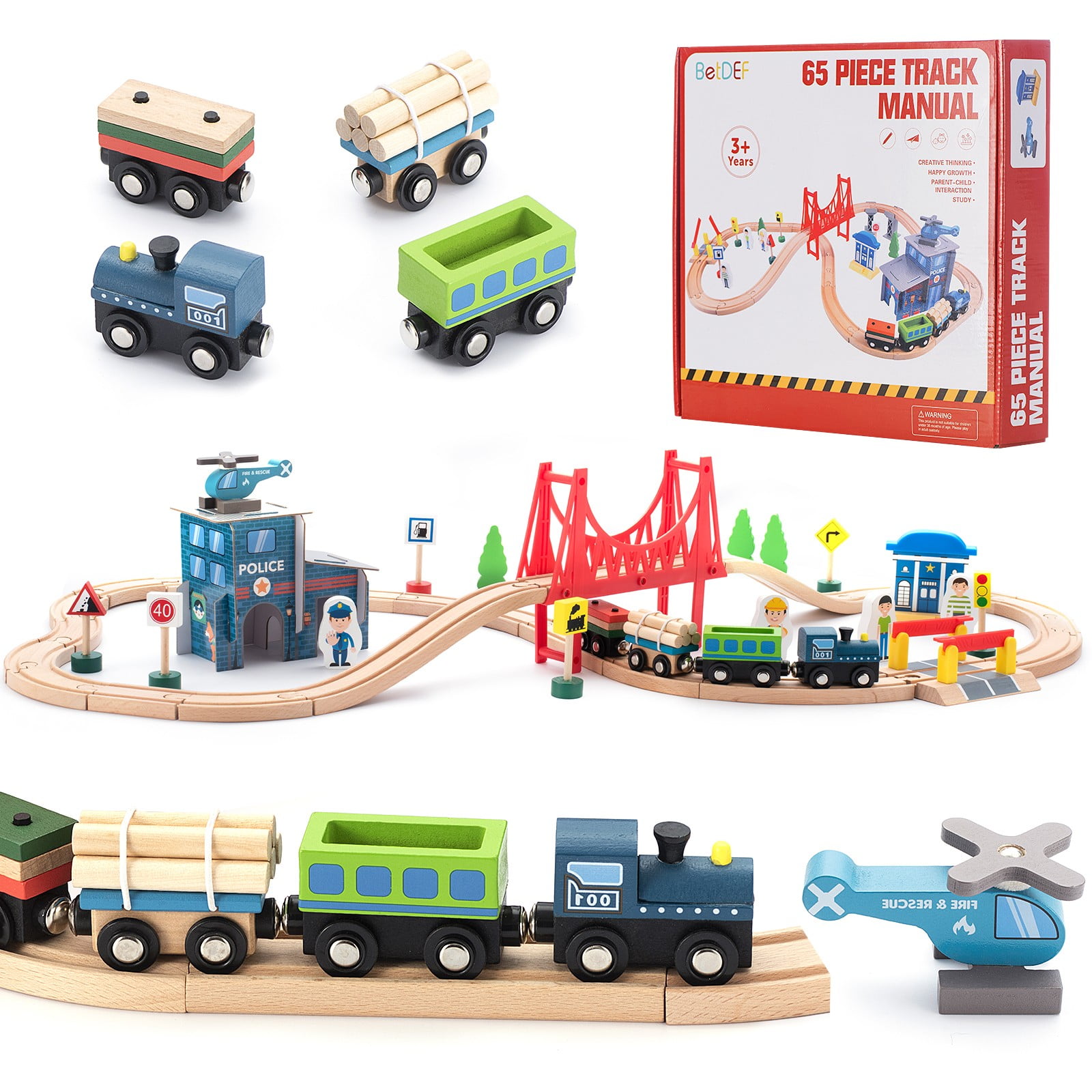 Wooden Train Set 65PCS, BetDEF Toy Train Sets with All-Wood Double ...