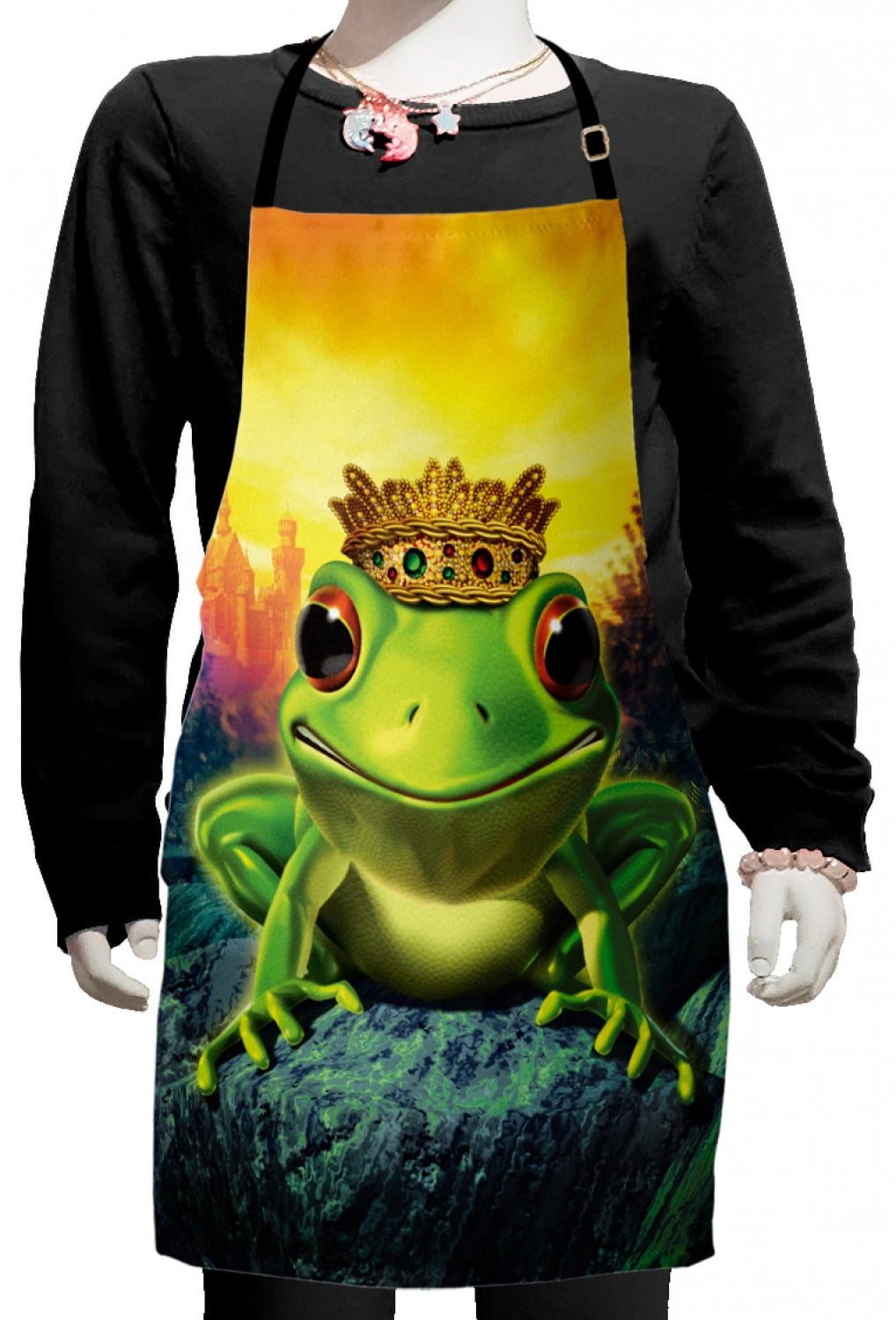 Animal Kids Apron, Frog Prince with Golden Yellow Crown on Rocks ...