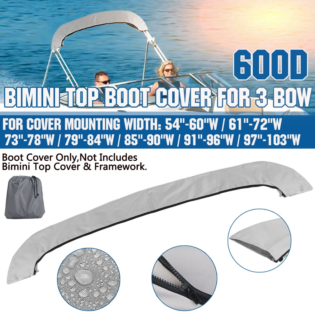 Gray 600D 3 BOW Bimini Top Boot Cover Storage Bag Sock Boat Shade No ...