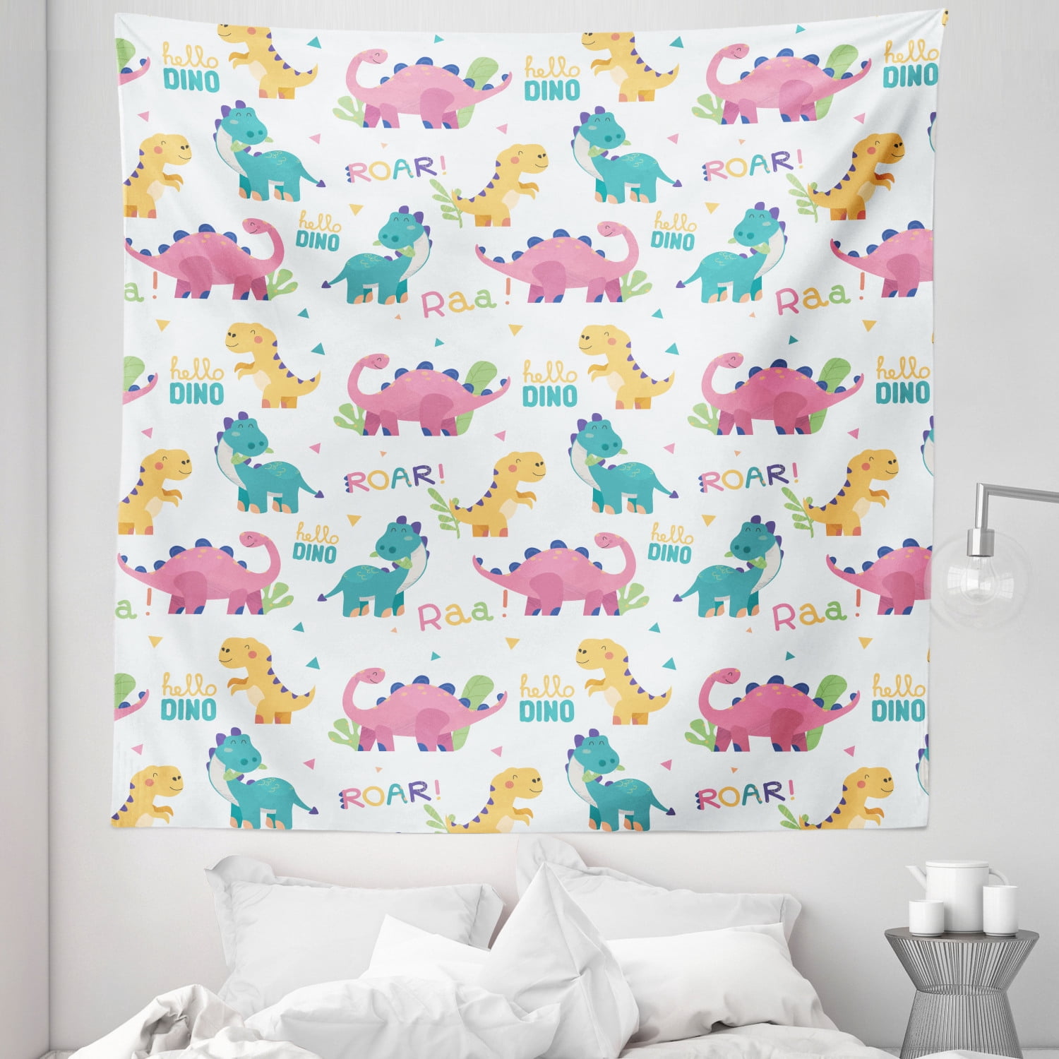 Dinosaur Tapestry, Roaring Reptiles Colorful Cartoon Style Drawing ...