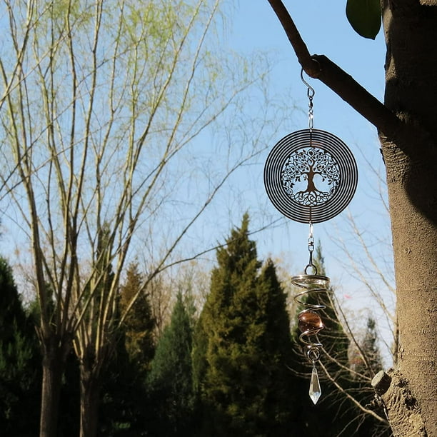 3D Tree of Life Wind Spinner Hanging with Gazing Ball Spiral Tail, 360 ...