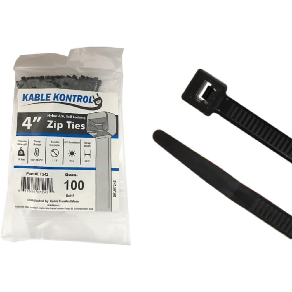 Kable Kontrol Black Zip Ties - 4" Inch Long - UV Resistant Nylon - 18 ...