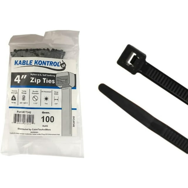 Kable Kontrol Black Zip Ties - 4" Inch Long - UV Resistant Nylon - 18 Lbs Tensile Strength - 100 ...