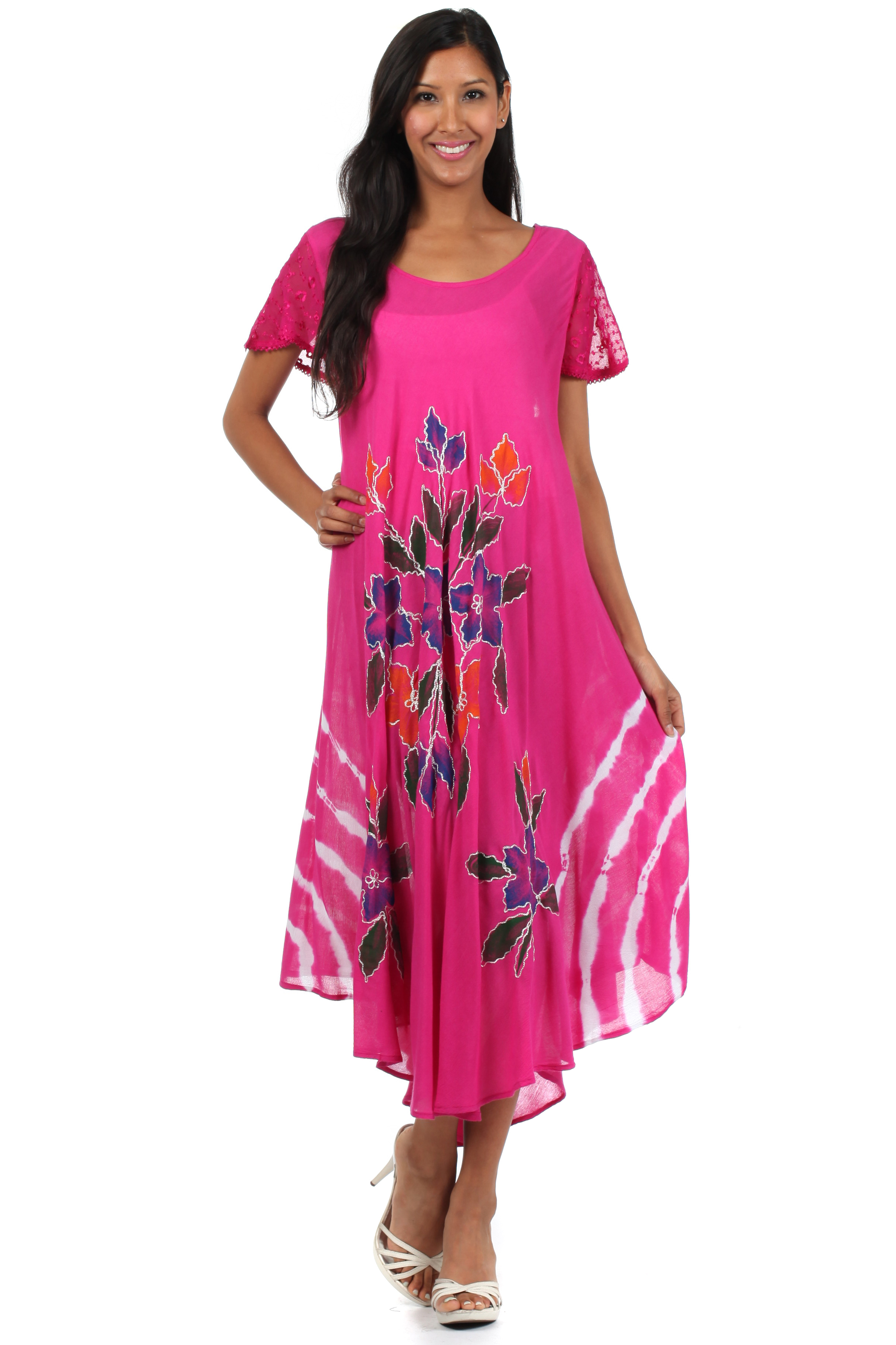 Sakkas Embroidered Painted Floral Cap Sleeve Reyon Dress - Fuchsia ...