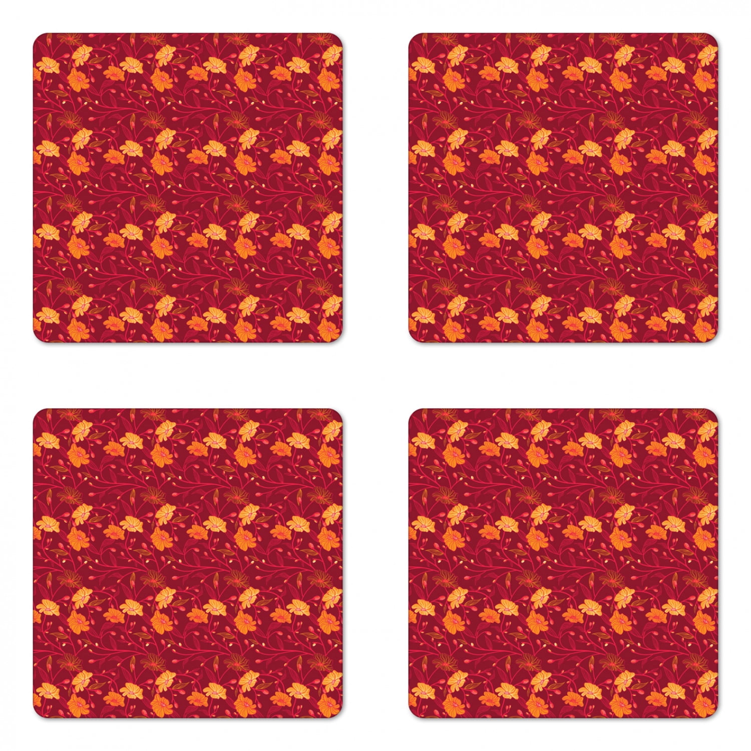 Floral Coaster Set of 4, Blossoming Twigs with Little Buds Gentle ...