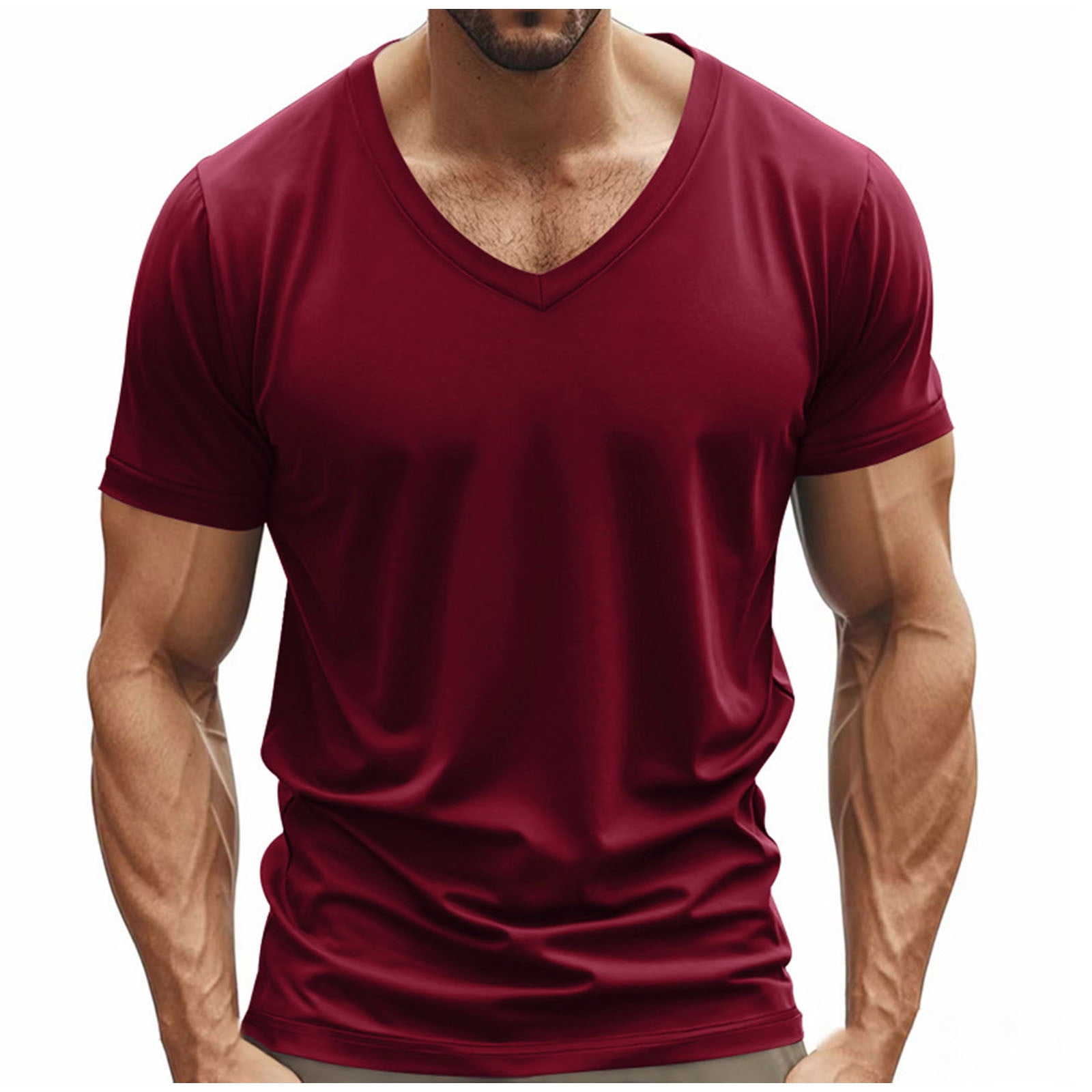 Burgundy Wine V Neck T Shirts for Man Summer Fall Short Sleeve Loose ...