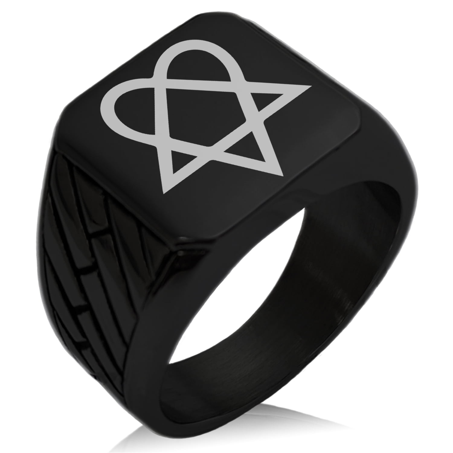 Stainless Steel Heartagram Geometric Pattern Biker Style Polished Ring ...