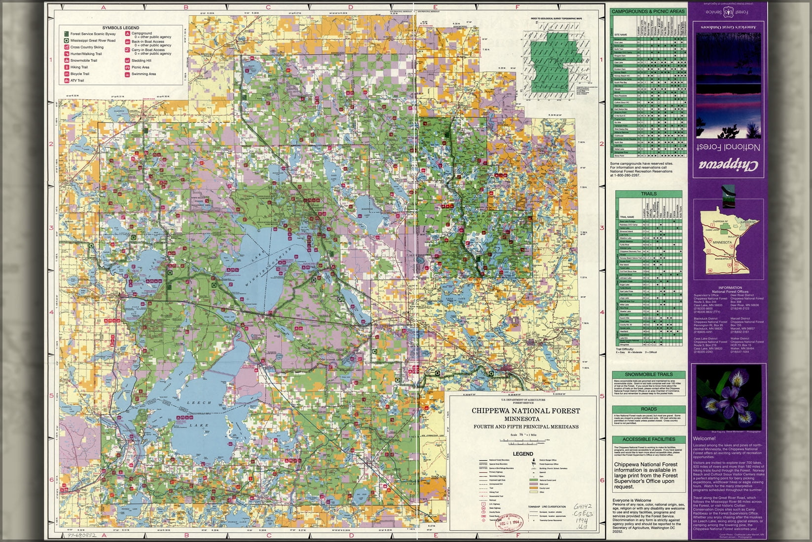 24"x36" Gallery Poster, map of Chippewa National Forest, Minnesota 1994 ...