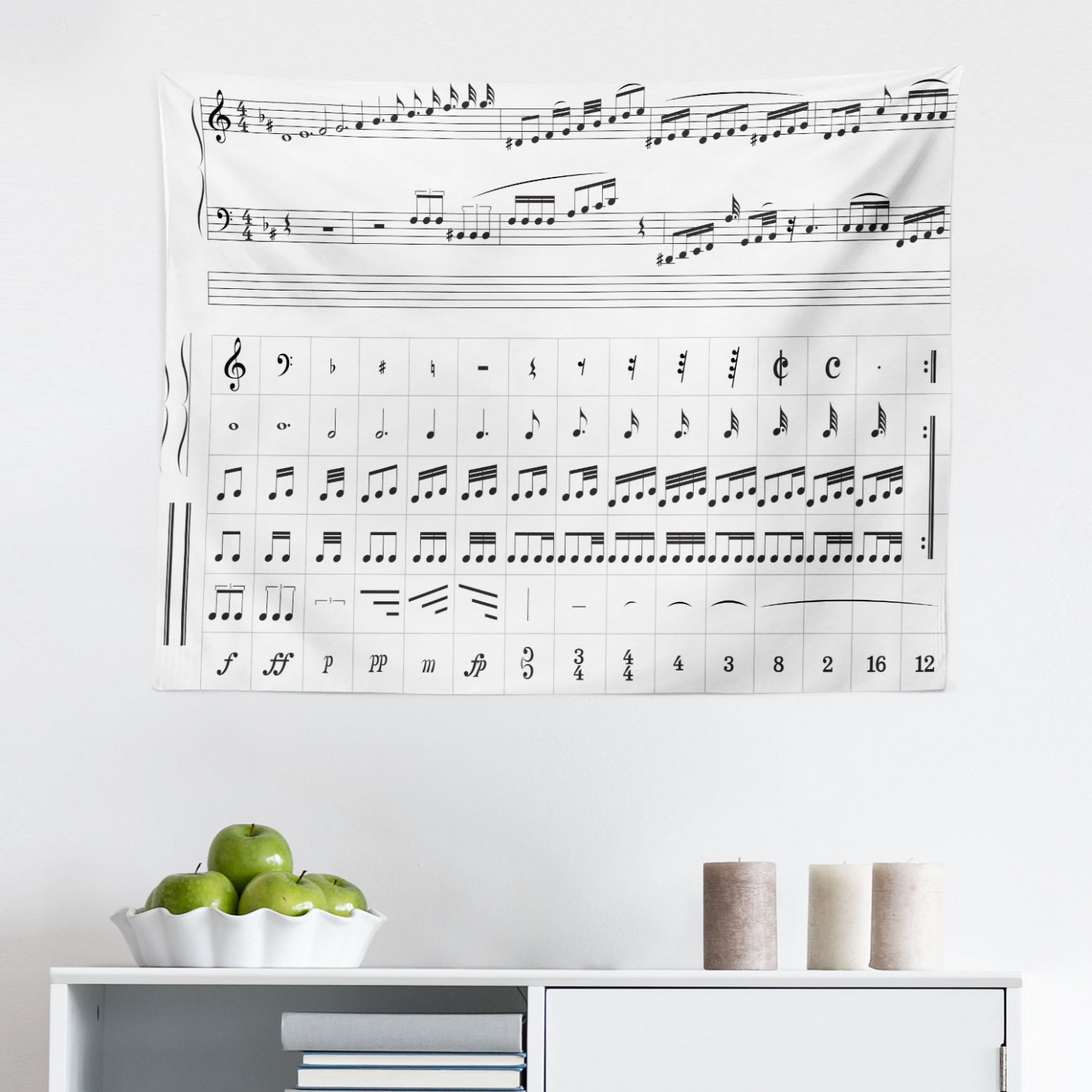 Music Note Tapestry, Vintage Doodle Style Floating Around Swirls and ...