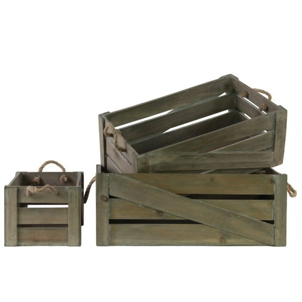 Wood Rectangle Crate with 2 Rope Handles, Set of Three, Brown - Walmart ...