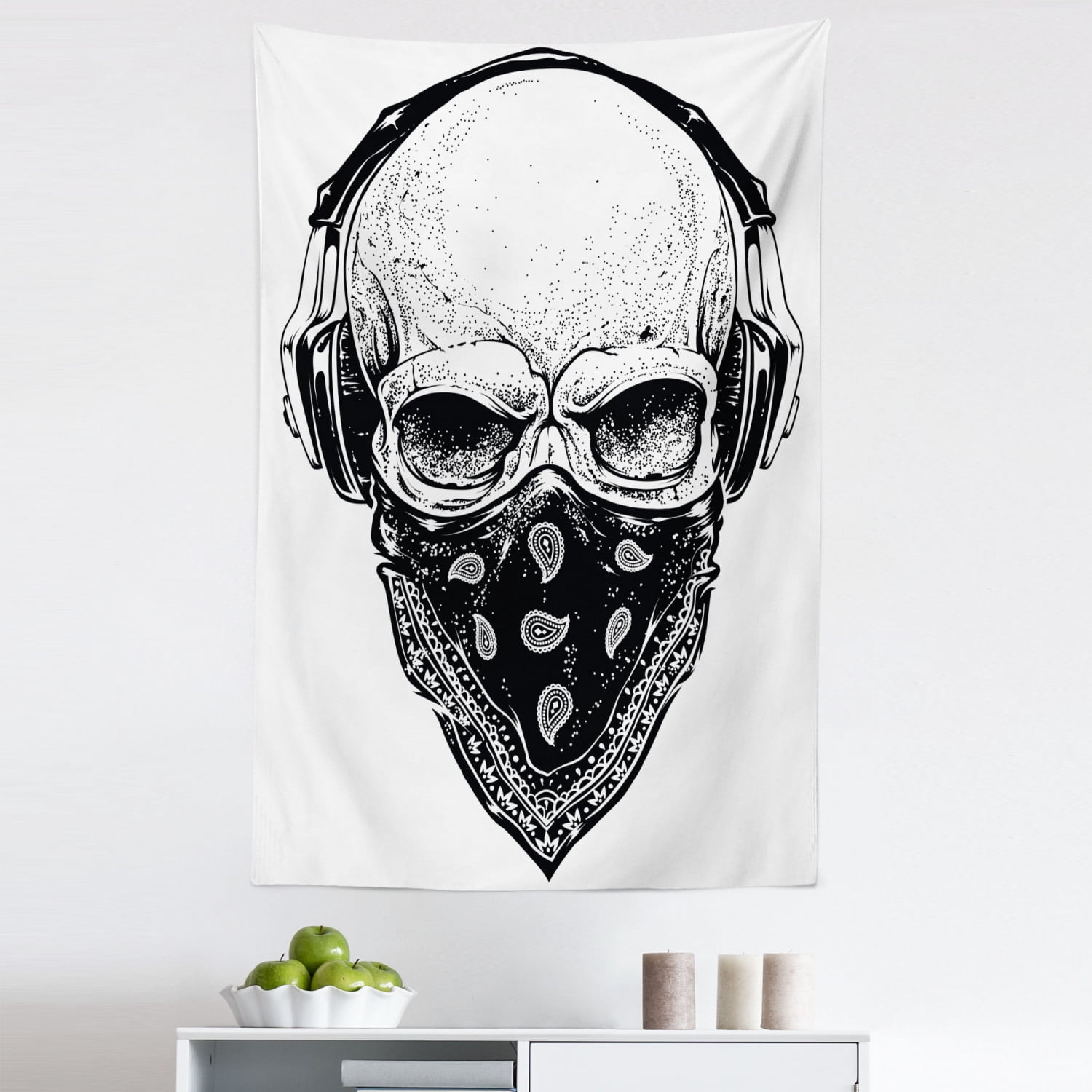 Grunge Tapestry, Gothic Skull with Bandanna and Headphones Musical Dead ...