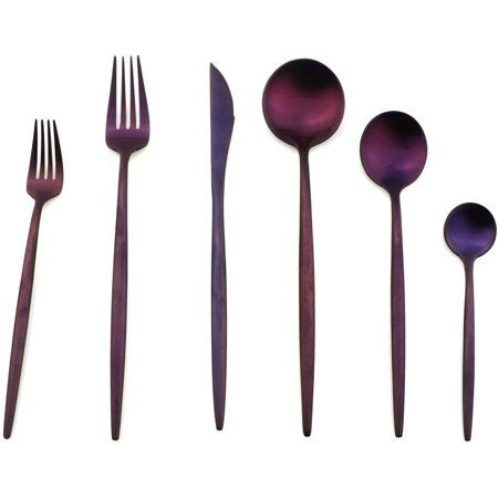 24 Pcs Luxury Silverware Set, 18/10 Stainless Steel Purple Flatware ...