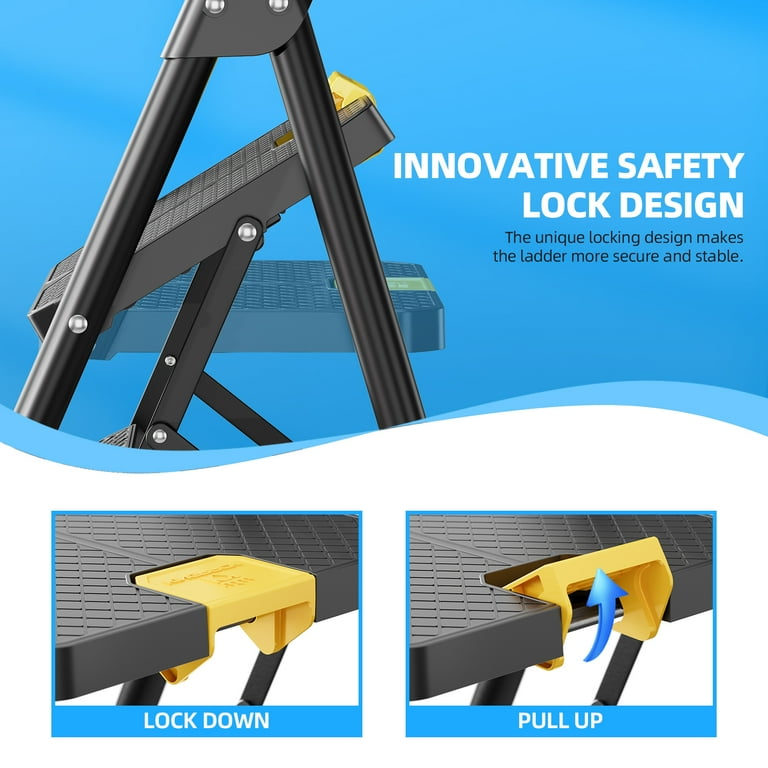 800lb Capacity Folding Steel Step Stool Safety Lock 3 Step Ladder ...