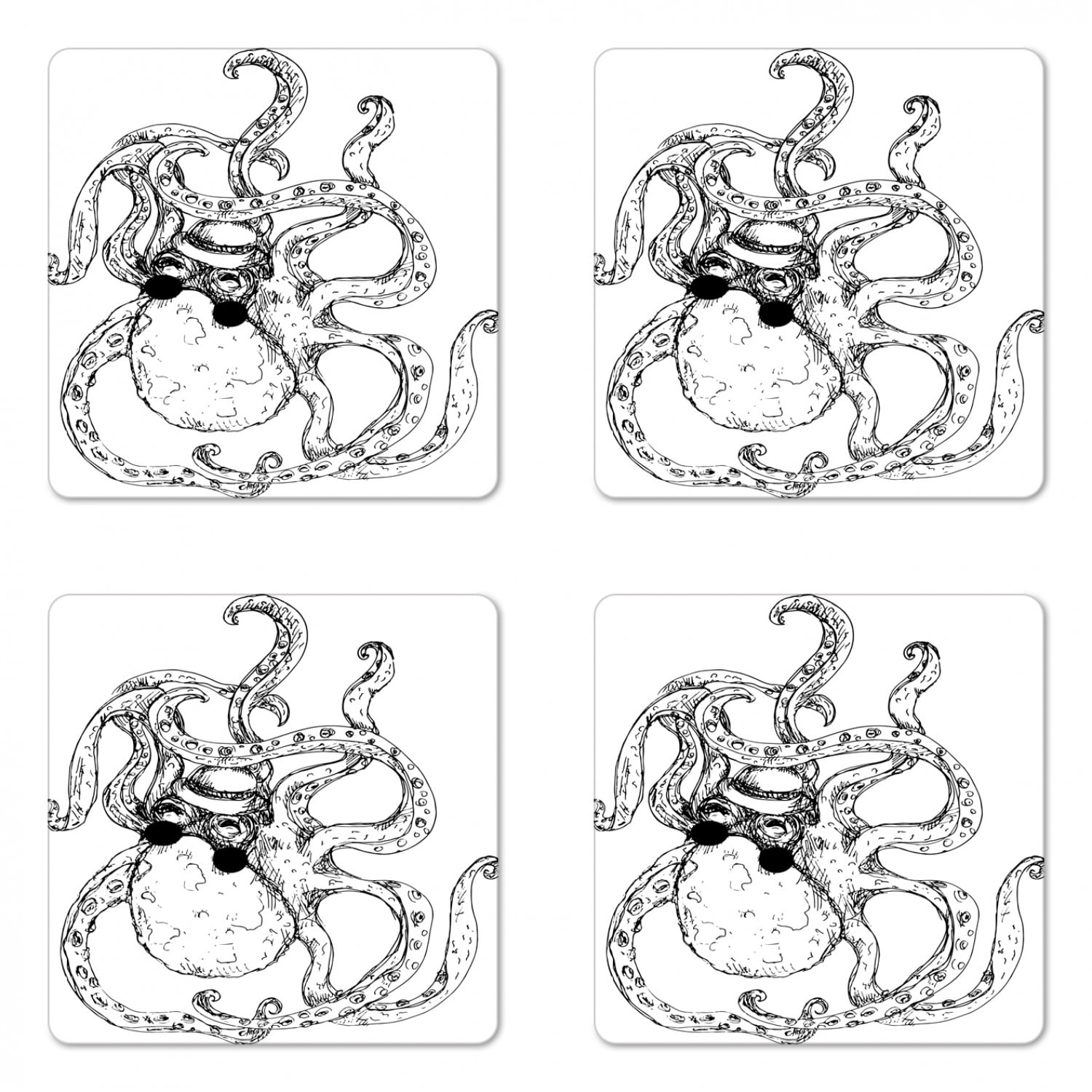 Octopus Coaster Set of 4, Hipster Octopus Tattoo Style Artwork Undersea ...