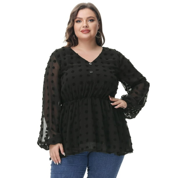 Hanna Nikole Women Plus Size Chiffon Tops Long Sleeve V Neck Elastic
