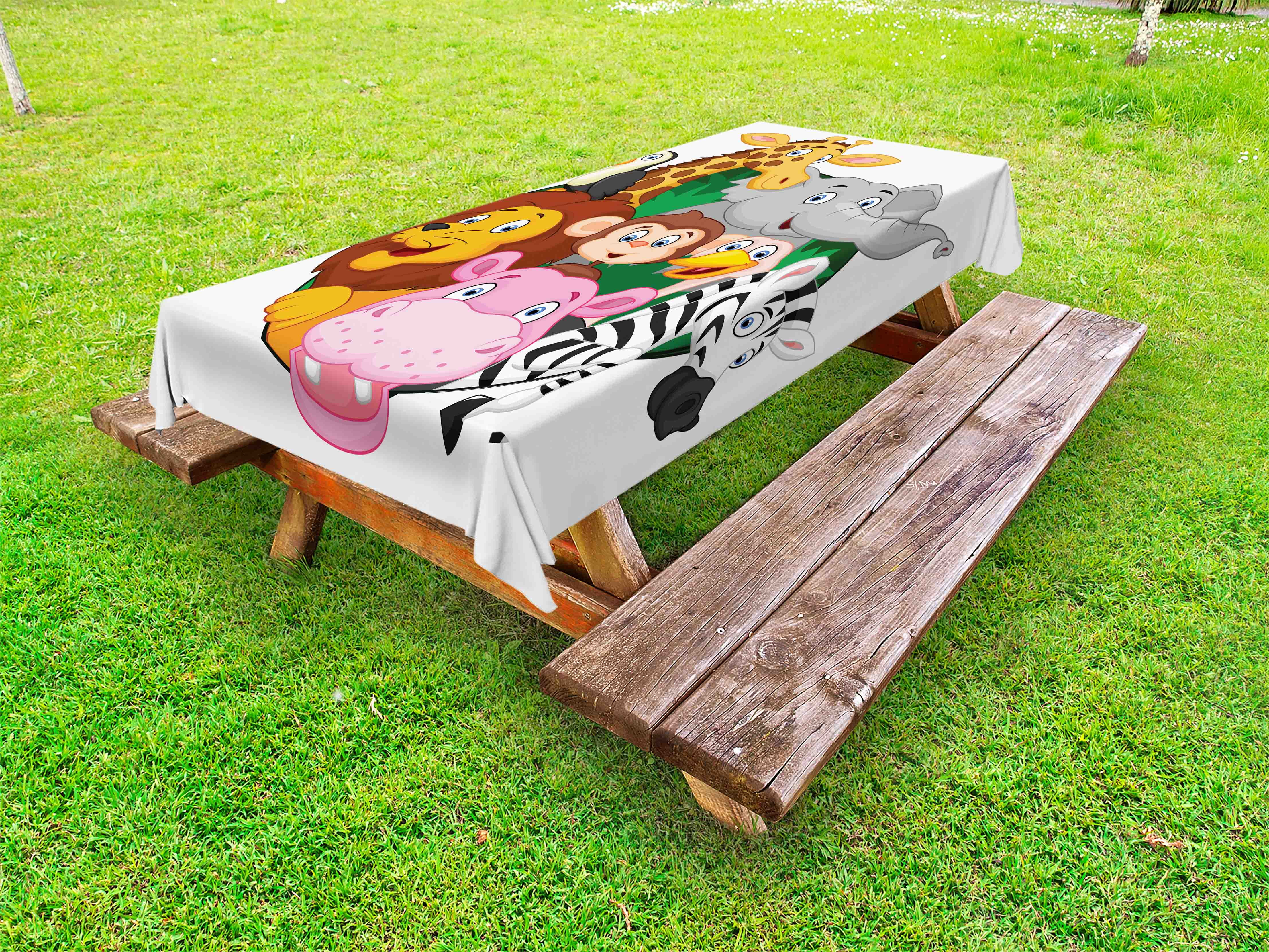 Cartoon Outdoor Tablecloth, Exotic Safari Animals All Together Comic ...