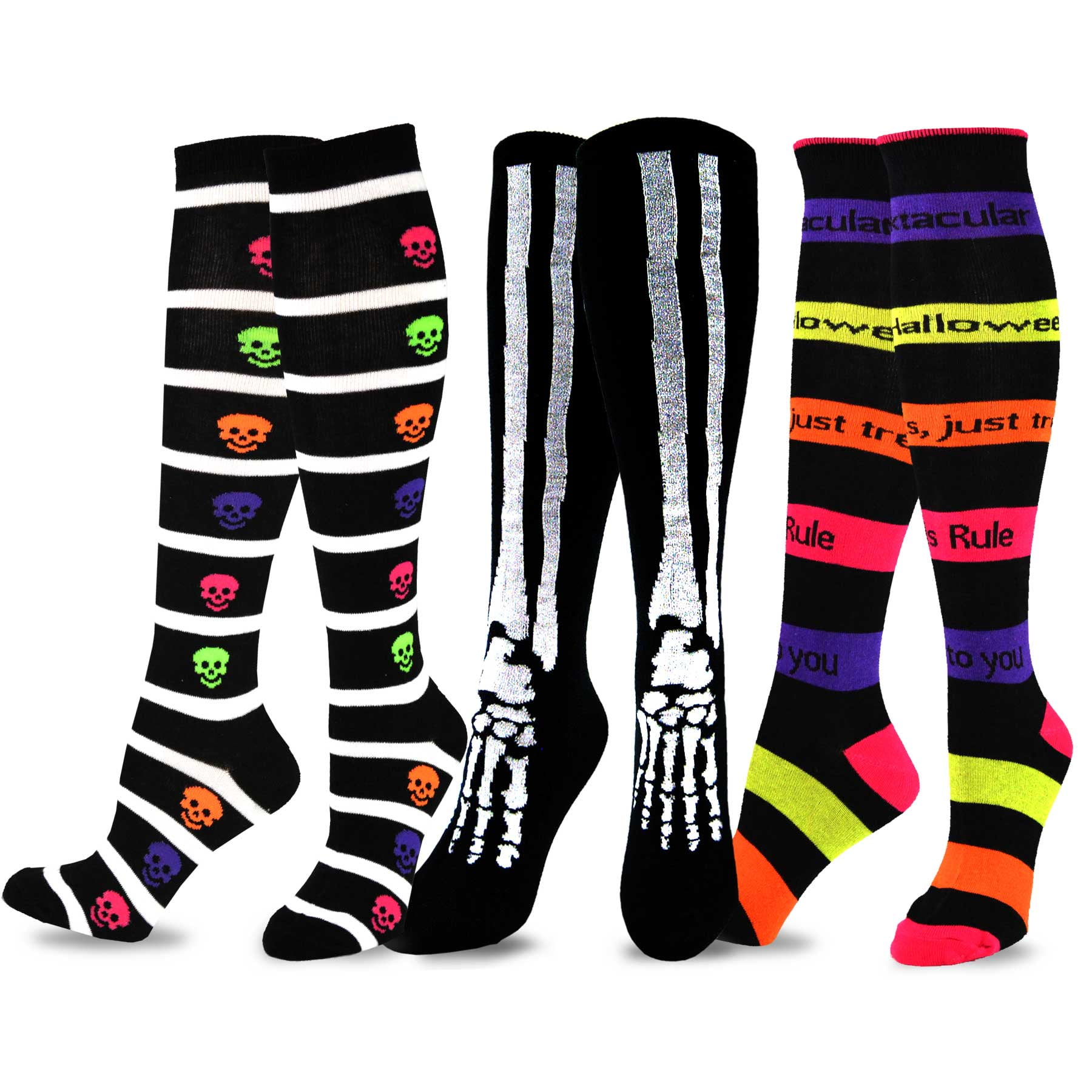 TeeHee Novelty Halloween Knee High Socks for Women 3-Pack (Bones ...