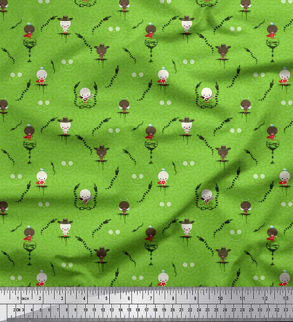 Soimoi Green Silk Fabric Pumpkin,Snake & Devil Cartoon Print Fabric by ...