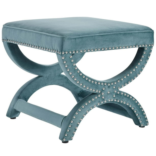 Upholstered Nailhead Trim Performance Velvet Ottoman Sea Blue