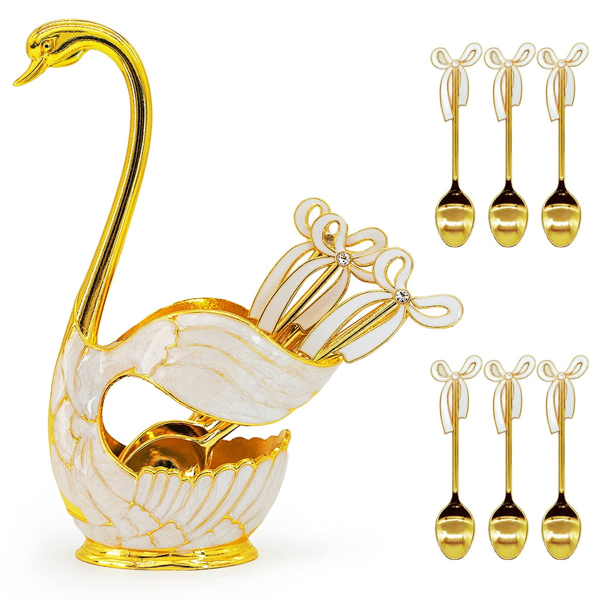 Coffee Spoon Set, Metal Swan Base with 6pcs Ice Cream Spoons Teaspoons ...