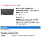 Front License Plate Bracket - Compatible with 2017 - 2018 Audi A3 ...