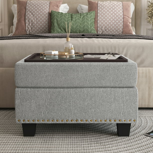 HONBAY Mid-Century Rivet Gray Storage Ottoman for Fabric Sofa Set ...