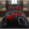 Grey Stripe Comforter Black Red Roses Bedding Set Queen Size for Women ...