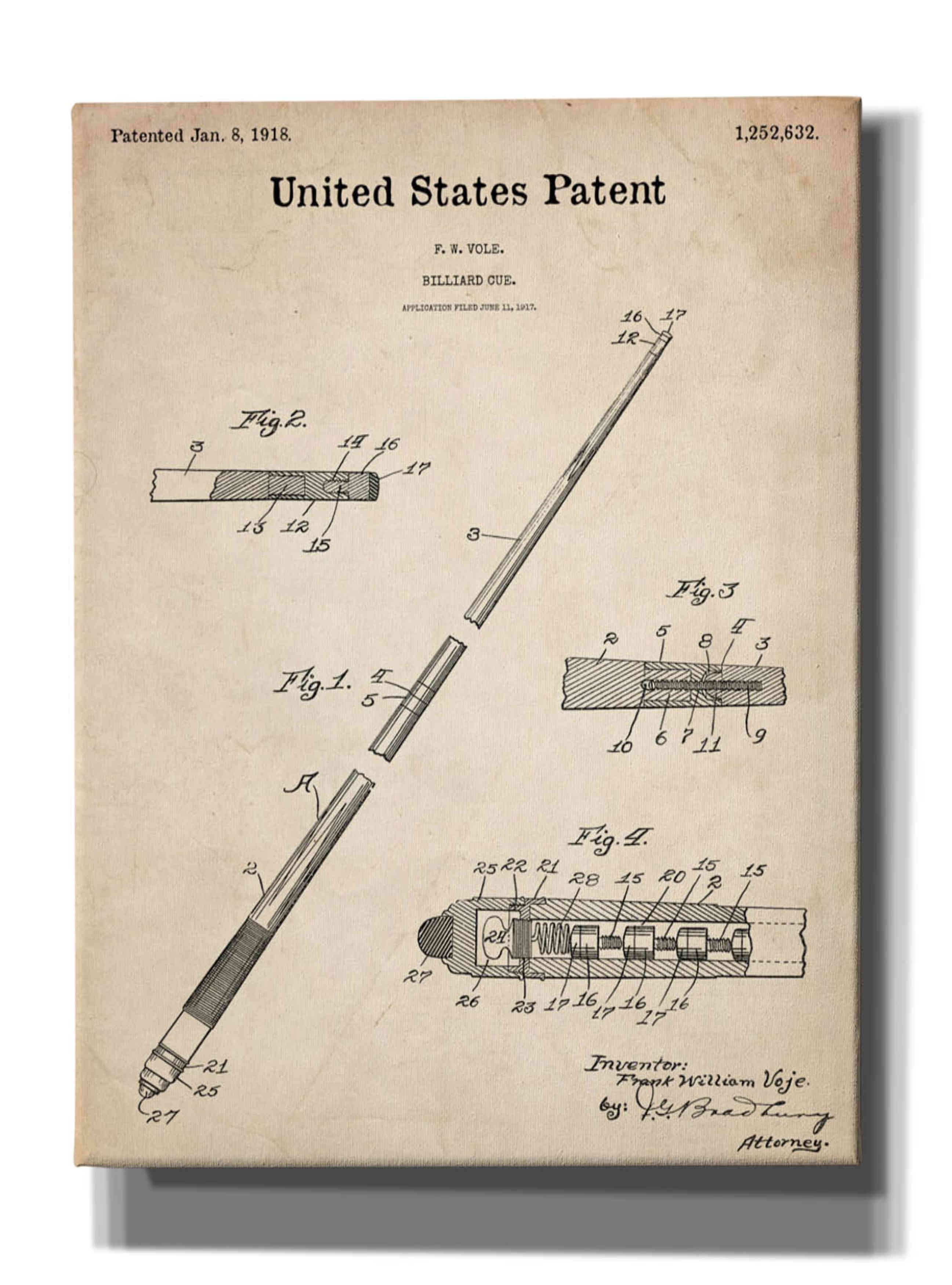 Epic Graffiti 'Billard Cue Blueprint Patent Parchment,' Canvas Wall Art ...