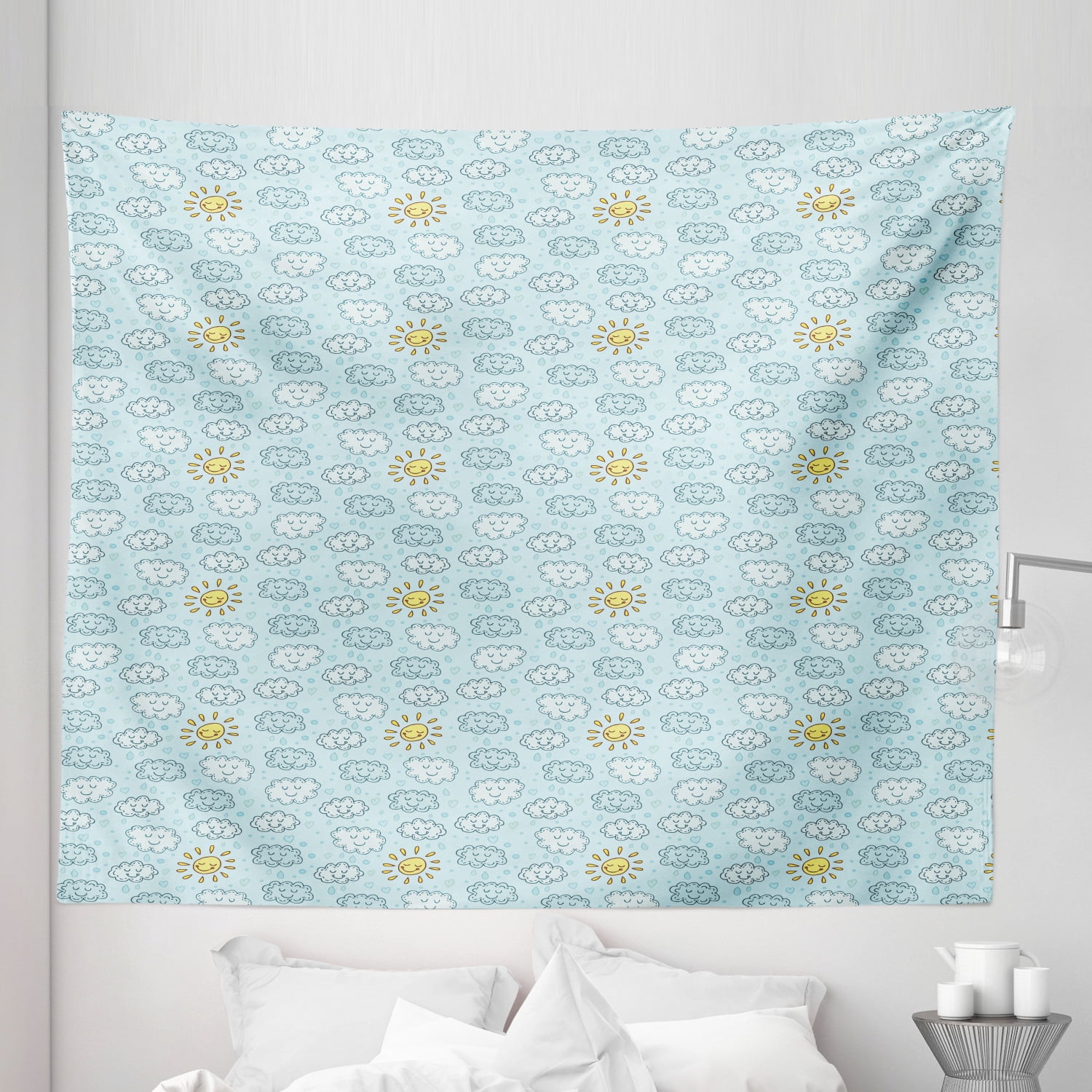 Rain Tapestry, Rainy Day Themed Clouds and Sun Pattern in Repeating ...