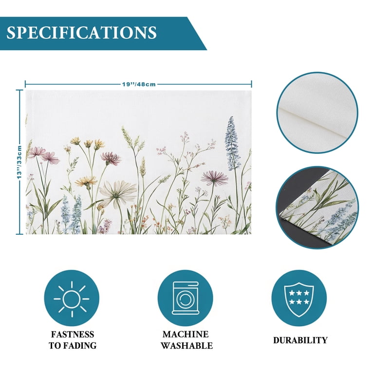 Spring Botanical Floral Placemats Set of 8, Cotton Linen Fabric Place ...