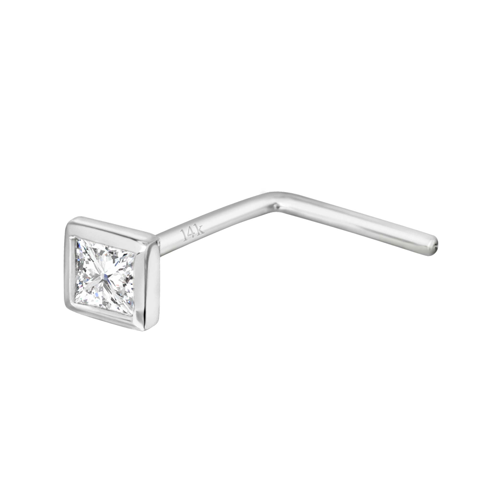 22G 14K White Gold L-Shape Nose Stud Bezel Set 0.05ct Princess Cut ...