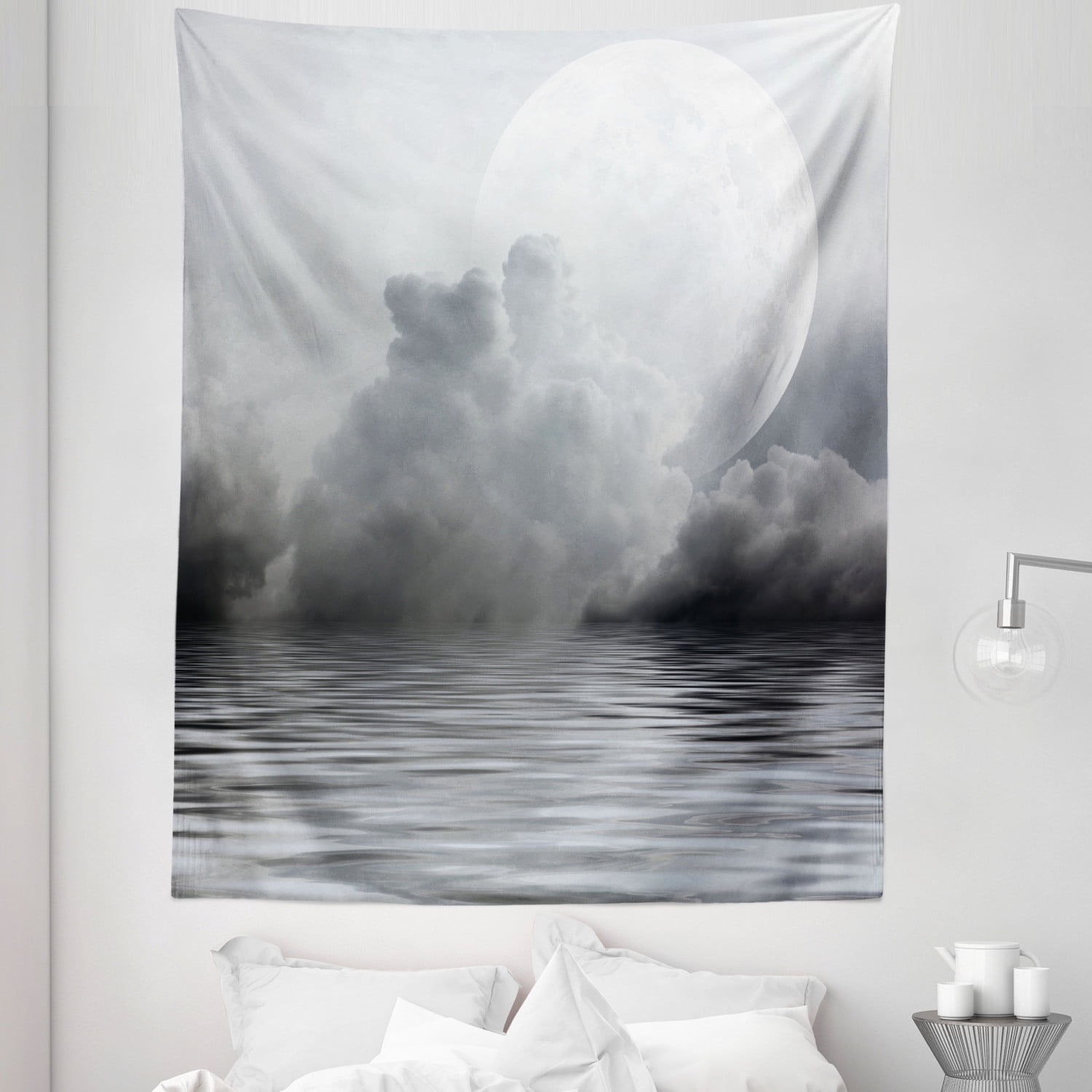 Moon Tapestry, Misty Air in the Ocean Monochrome Picture with Full Moon ...