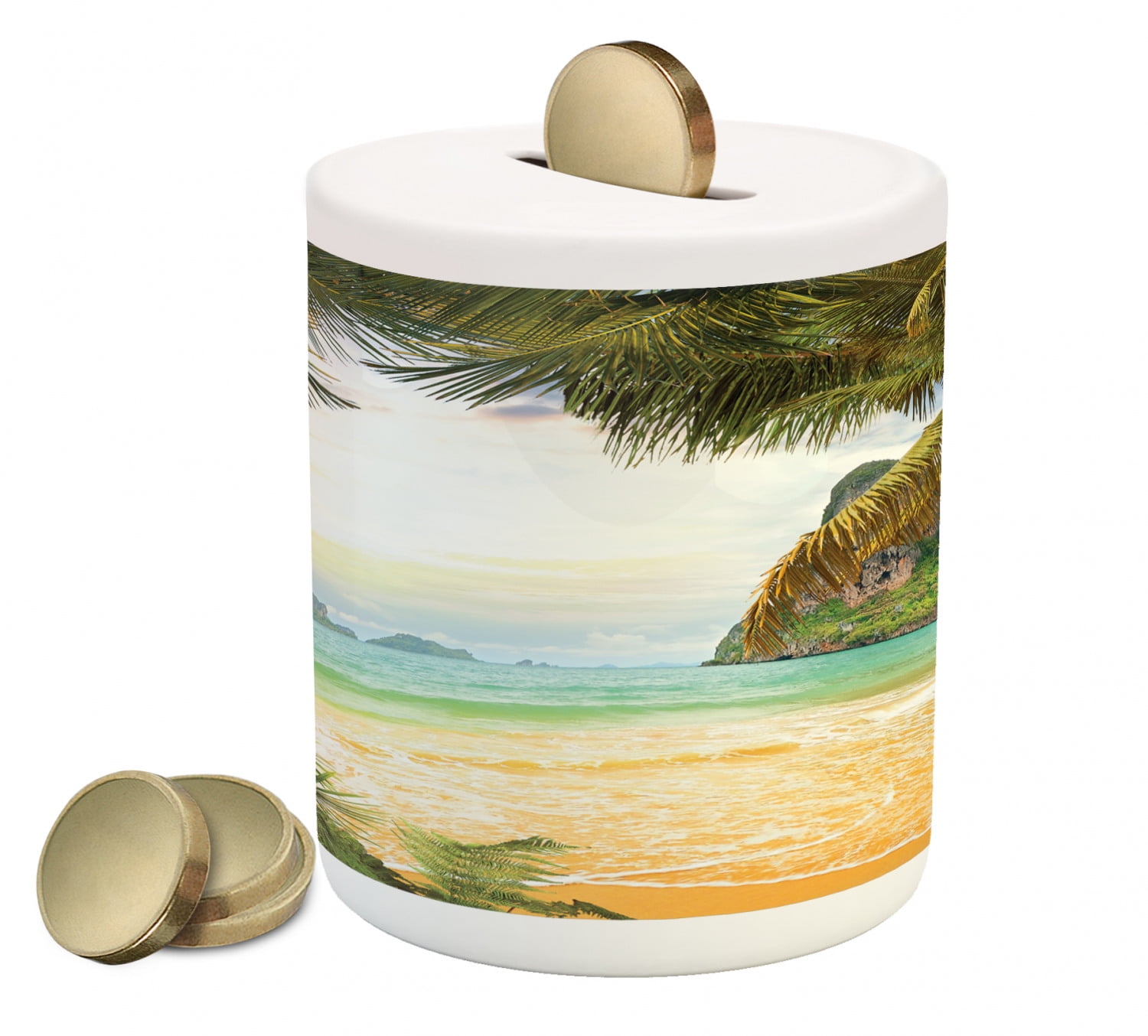 Ocean Piggy Bank, Palm Coconut Trees and Ocean Waves Mountains on ...