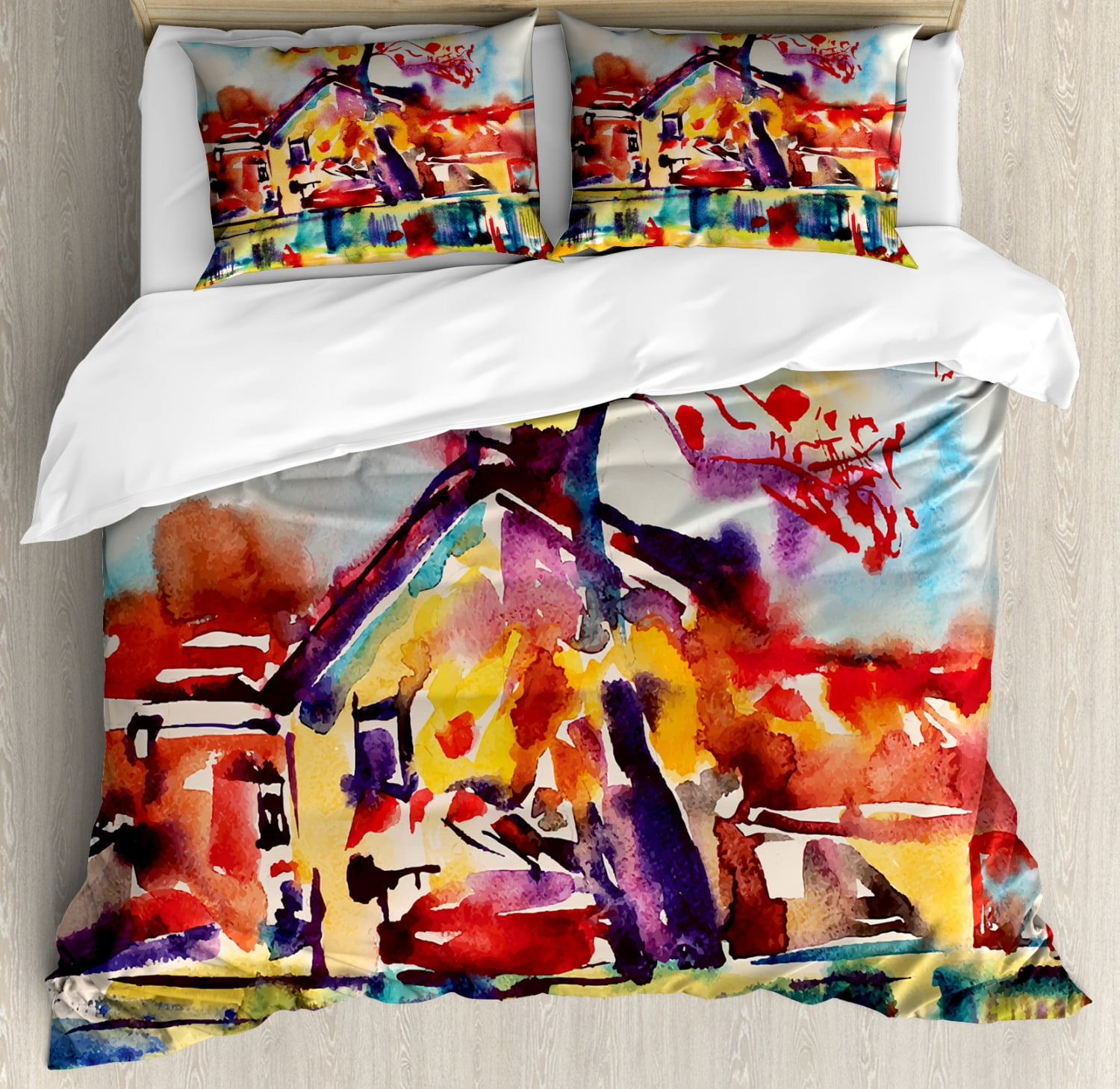Fine Art Duvet Cover Set Queen Size, Paintbrush Abstract Countryside ...