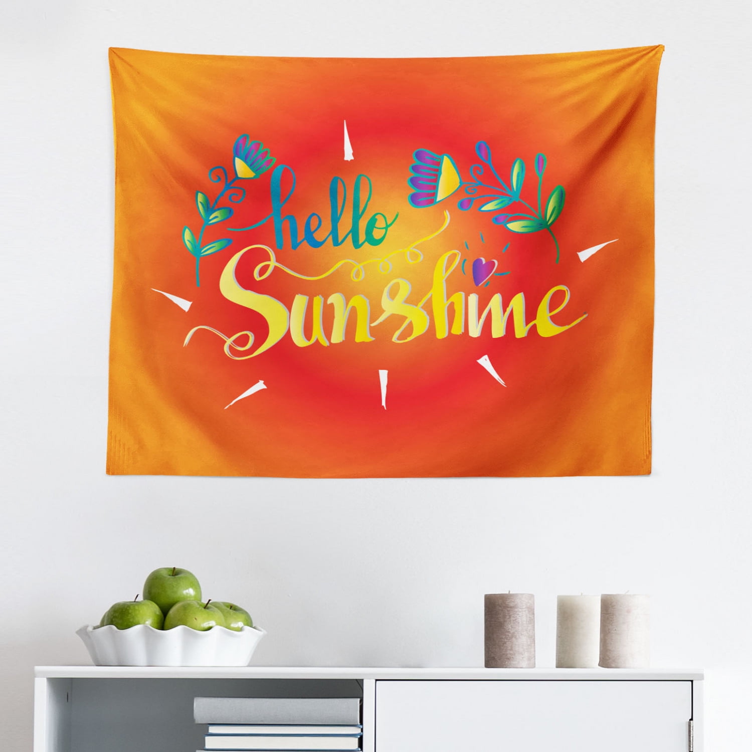 Hello Sunshine Tapestry, Cursive Text Design with Bloom Motifs and ...