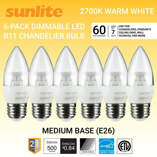 Sunlite LED B11 Torpedo Tip Chandelier Light Bulb, 7 Watts (60W Equivalent), Medium E26 Base ...