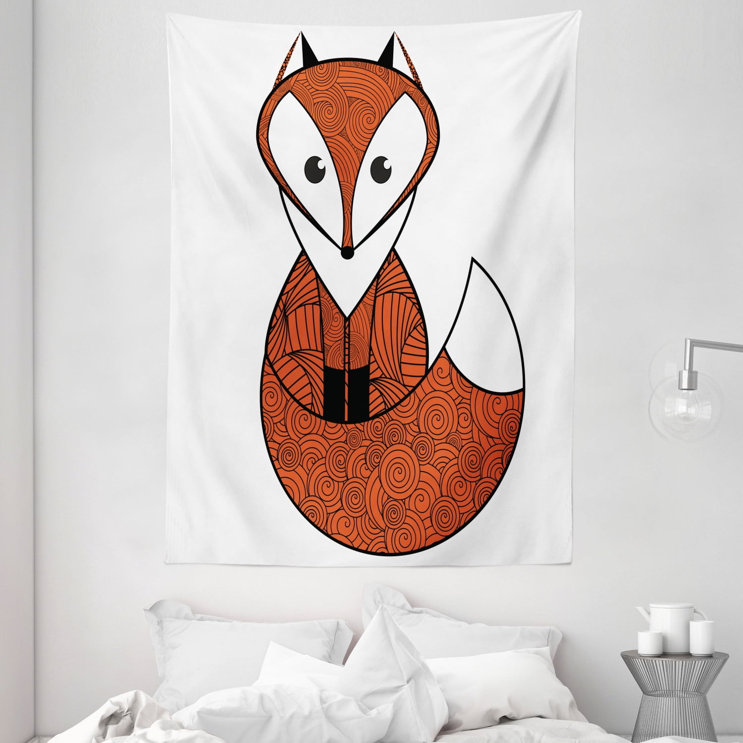Fox Tapestry, Cartoon Young Fox Character with Spiral Patterns Cute ...